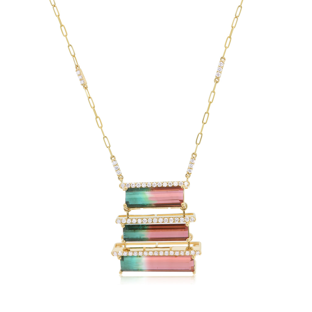 Three Tiered Emerald Cut Bicolored Tourmaline Diamond Paperclip Neckla ...